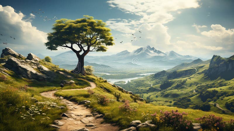 Path in the Hills and an Tree with Mountain at the End of Path Stock ...
