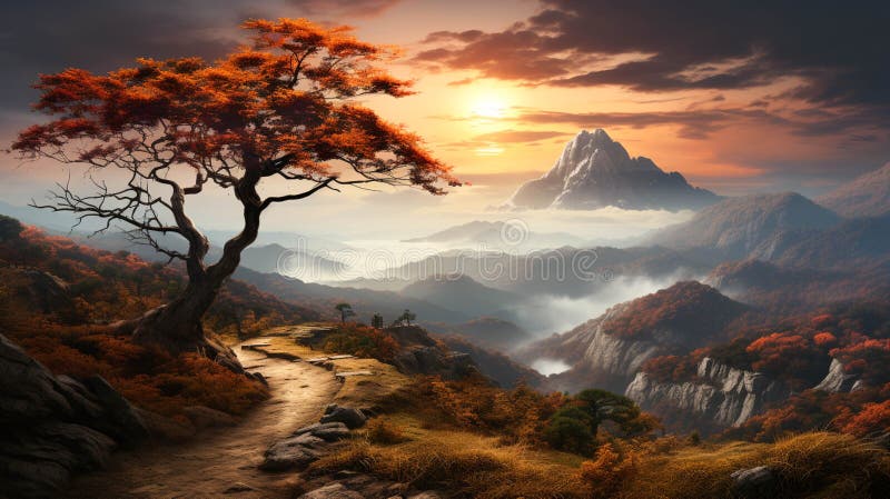 Path in the Hills and an Tree with Mountain at the End of Path Stock ...