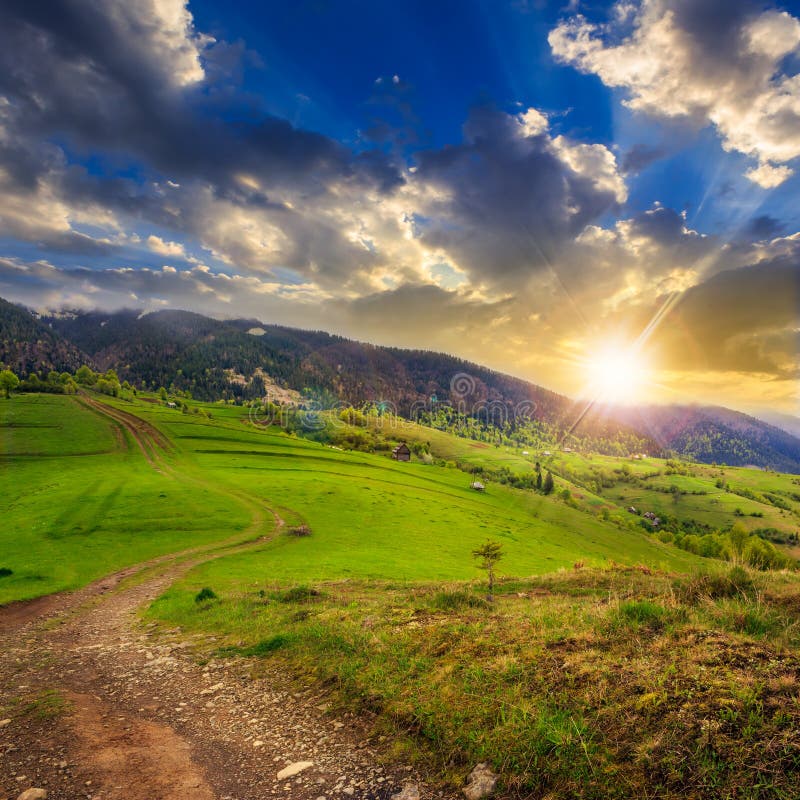 Path on Hillside Meadow in Mountain at Sunset Stock Photo - Image of ...