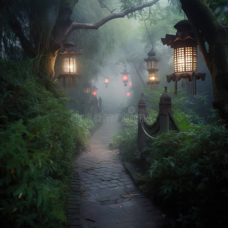A Path with Lanterns Hanging from it S Sides in a Forest Stock ...
