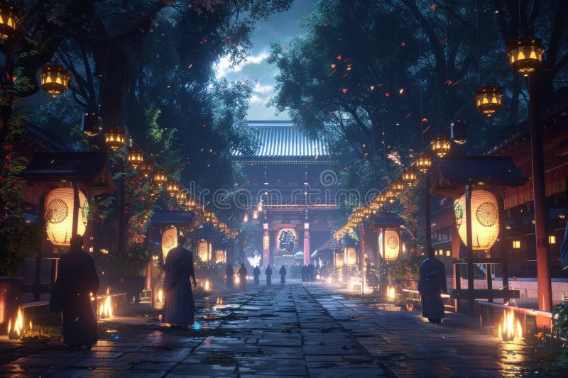 A Path with Lanterns and a Moon in the Sky Stock Image - Image of ...