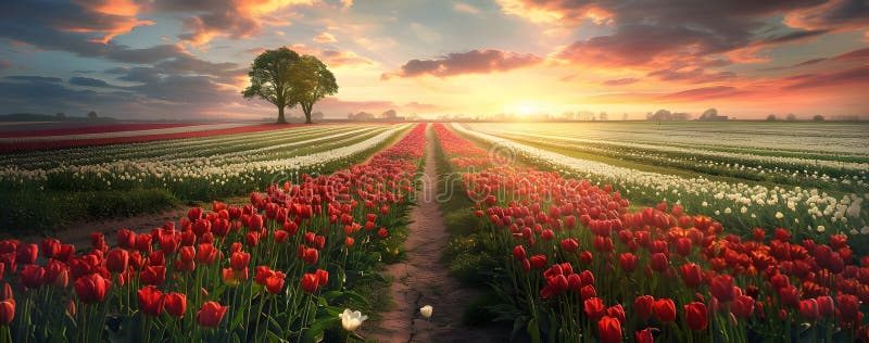 Sunset Path through Red & White Tulip Fields Stock Illustration ...