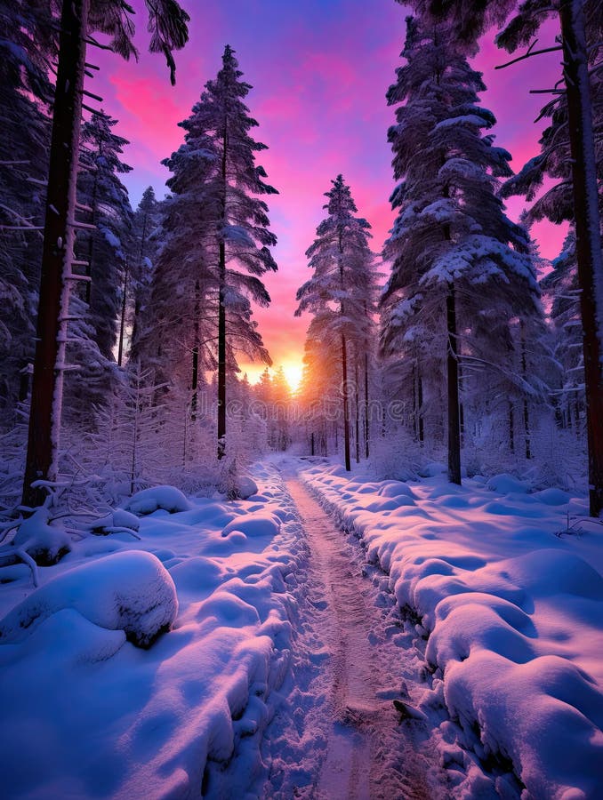 Sunset Snow Covered Forest Path Leading Trees Ai Generated Stock Photos ...