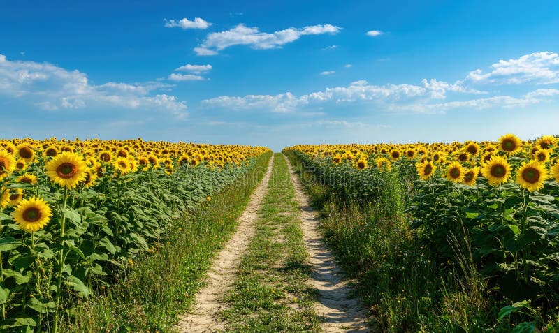 Path Leading through Sunflower Field, Tall Blooms Stock Image - Image ...