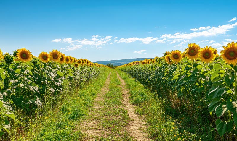 Path Leading through Sunflower Field, Tall Blooms Stock Image - Image ...