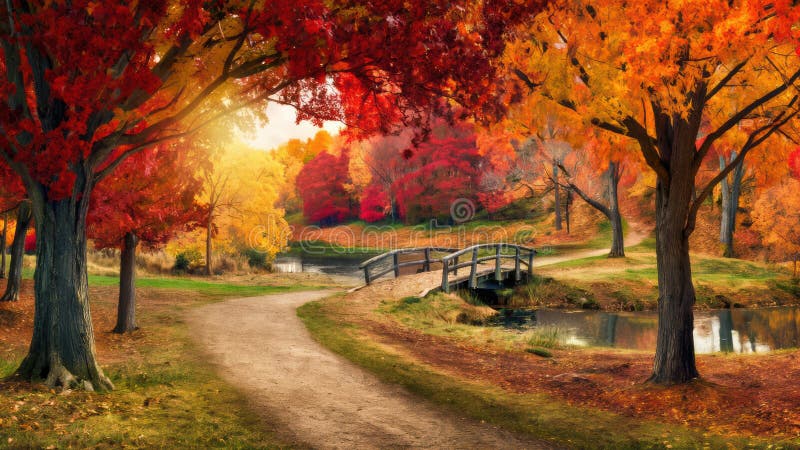 A Path Leading To a Bridge Over Water in the Fall, AI Stock Image ...