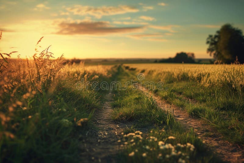 Path Leading To Green Fields Sunset Stock Illustration - Illustration ...