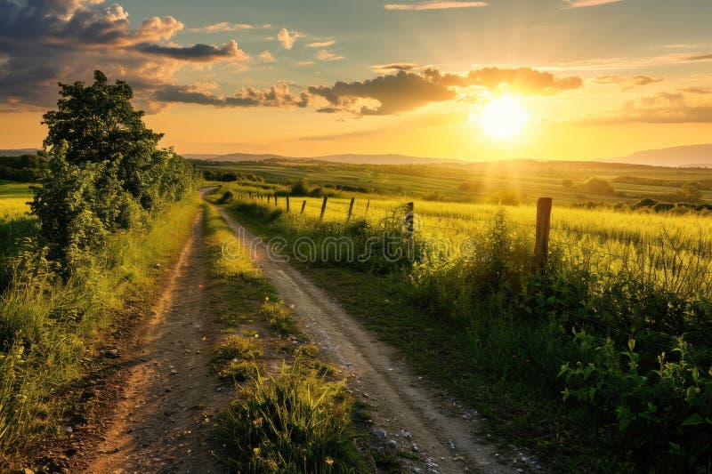 Path Leading To Green Fields Sunset Stock Photo - Image of beautiful ...