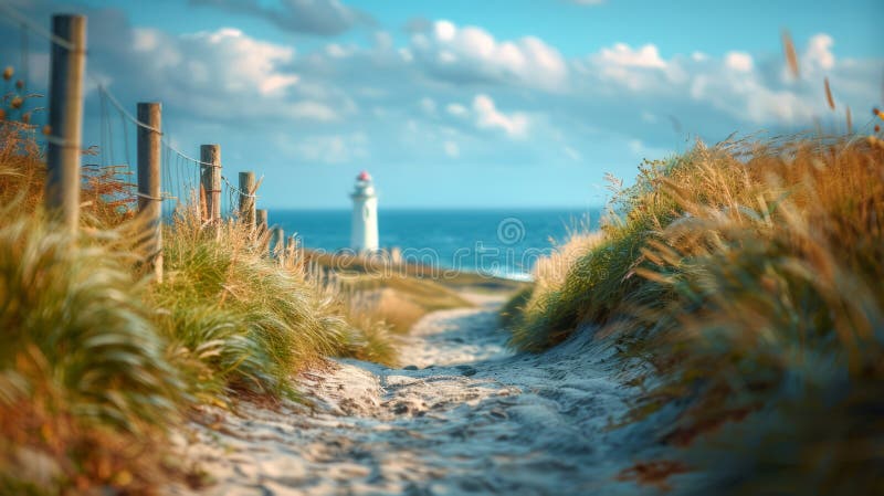 A Path Leading To a Lighthouse on the Beach with Grass and Sand, AI ...