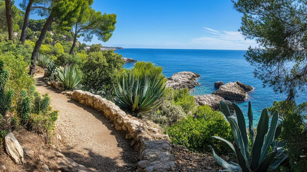 A Path Leading To the Ocean with a Stone Wall Stock Illustration ...