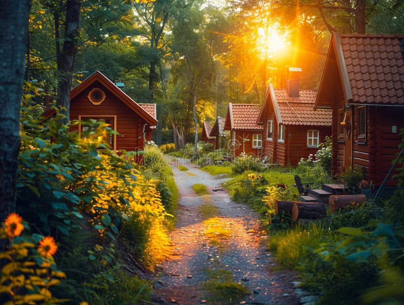 A Path Leading To a Row of Cabins in a Forest at Sunset Stock Photo ...