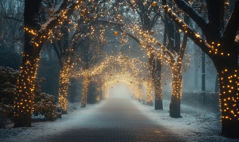 A Path with Lights on the Trees Stock Illustration - Illustration of ...