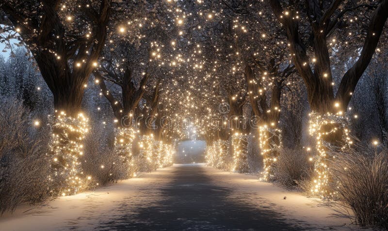 A Path with Lights on the Trees Stock Illustration - Illustration of ...