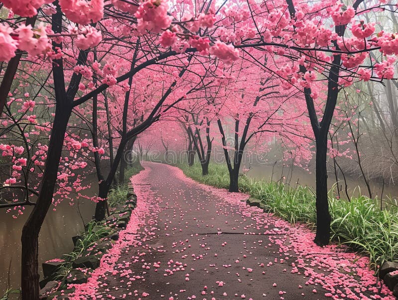 A Path Lined with Cherry Blossoms in Full Bloom Stock Photo - Image of ...