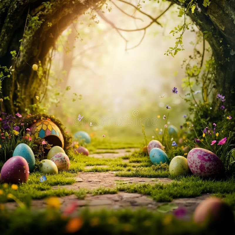 A Path Lined with Colorful Easter Eggs in the Middle of a Lush Green ...