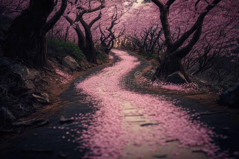 A Path Lined with Fallen Cherry Blossoms. Generative AI Stock ...
