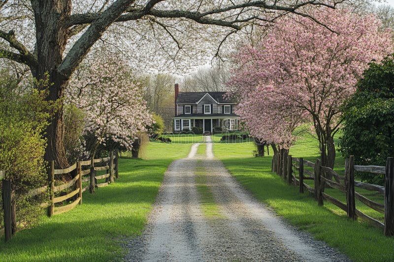 Path Lined Fresh Spring Blossoms Leading Quiet Countryside Stock Photos ...