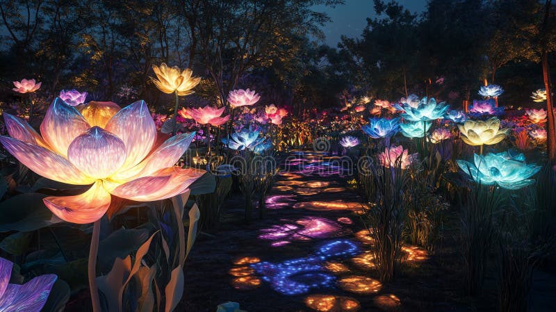 A Path Lined with Glowing Lotus Flowers at Night Stock Illustration ...