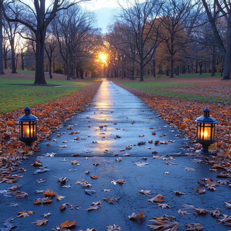 Path Lined with Lanterns and Leaves, Weaving through a Natural ...