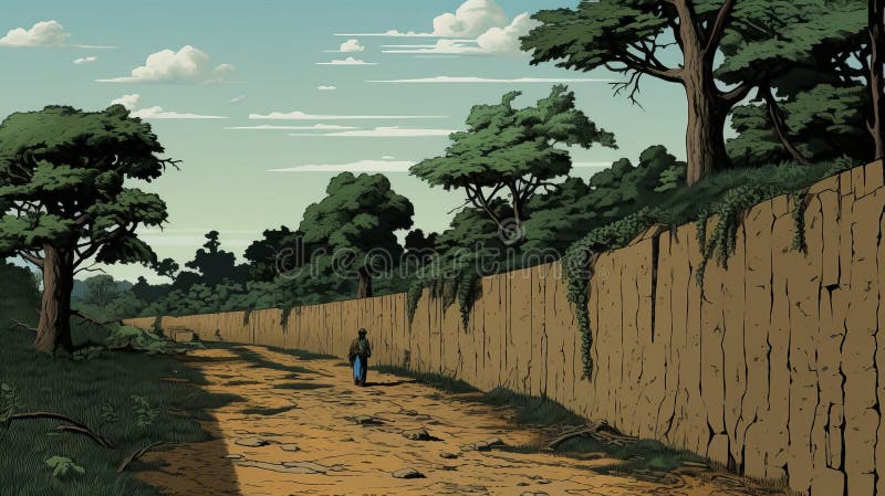 Vintage Comic Style Pathway Along Nigeria S Walled Landscape Scene ...