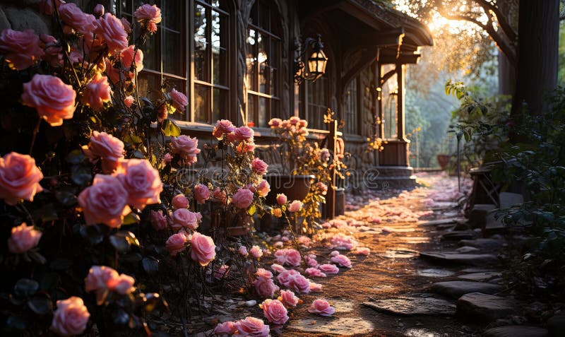 Path Lined with Pink Roses by Building Stock Image - Image of garden ...