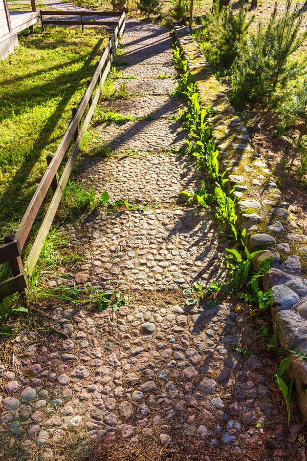 Path Lined with Rocks Pavers in Back Yard Garden Stock Photo - Image of ...