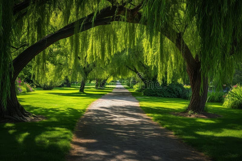 A Path Lined with Trees Stretches through the Center of a Park ...