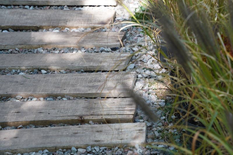 The Path is Lined with Wooden Boards and Decorative Stone Stock Photo ...