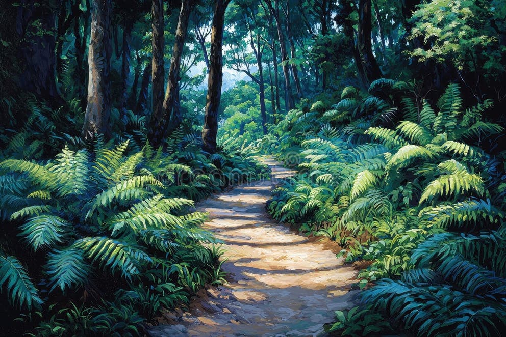 Path through Lush Green Forest and Ravine with Thriving Trees Stock ...