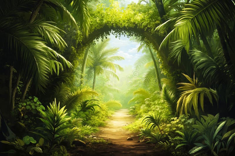 A Path through a Lush Green Jungle with a Canopy of Trees Stock Photo ...