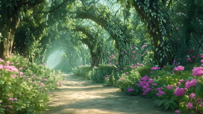 A Path through a Magical Garden, Sunlight Shining through the Trees, a ...
