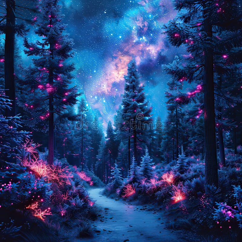 A Path Meanders through a Forest with a Stunning Galaxy Backdrop Stock ...