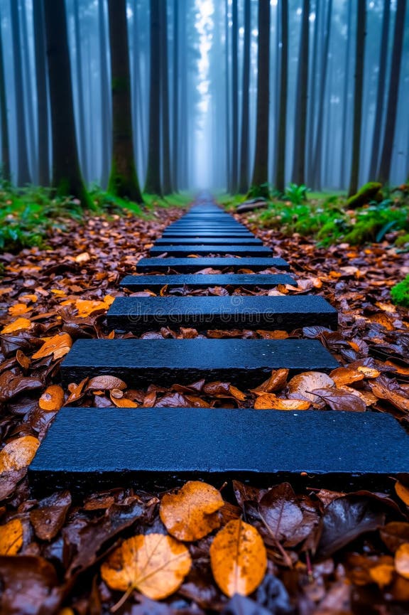 A Path in the Middle of a Forest with Leaves on the Ground Stock Photo ...