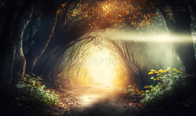 A Path in the Middle of a Forest with a Light Coming through the Trees ...