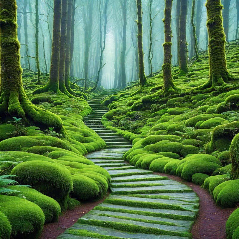Path in the Middle of Forest with Moss Growing Stock Illustration ...