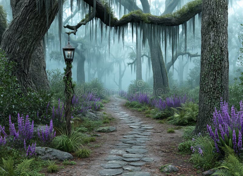A Path in the Middle of a Forest with Purple Flowers and a Lamp Post ...