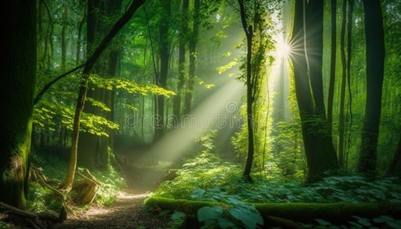A Path in the Middle of a Forest with Sunlight Coming through the Trees ...