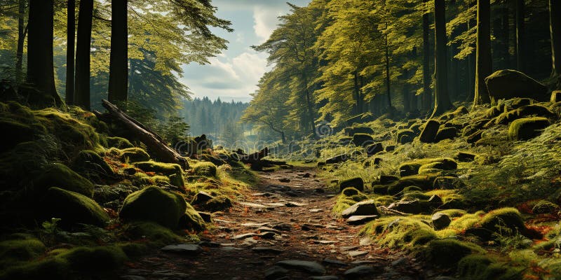 A Path through Middle in the Green Forest Landscape Background Stock ...
