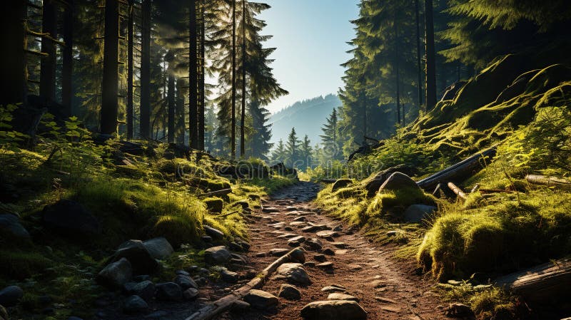 A Path through Middle in the Green Forest Landscape Background Stock ...