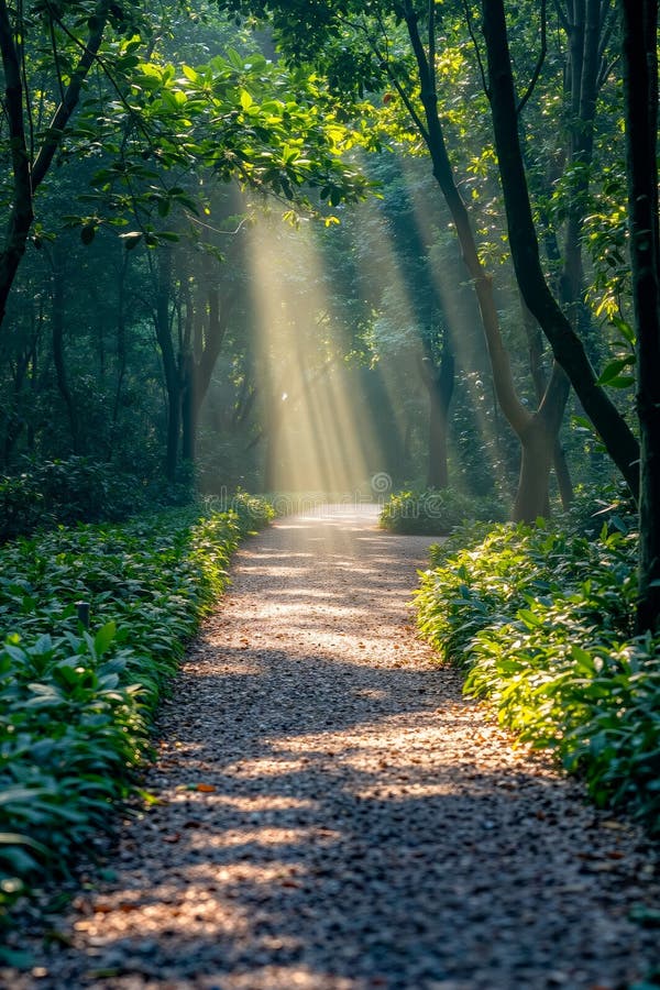 A Path in the Middle of a Lush Green Forest with Sunlight Shining ...