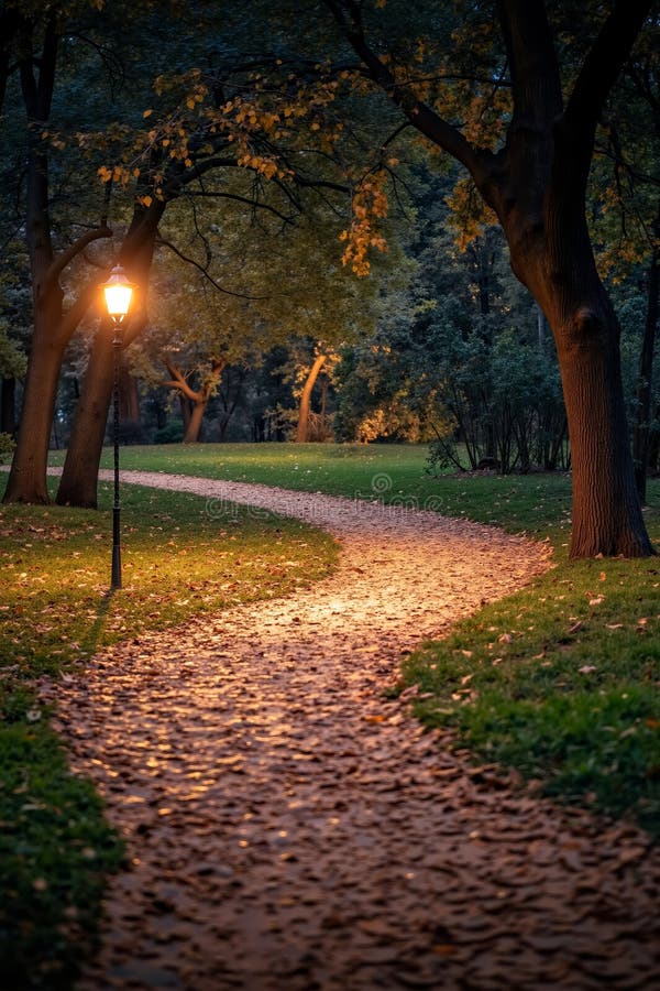 A Path in the Middle of a Park with a Street Light in the Distance ...