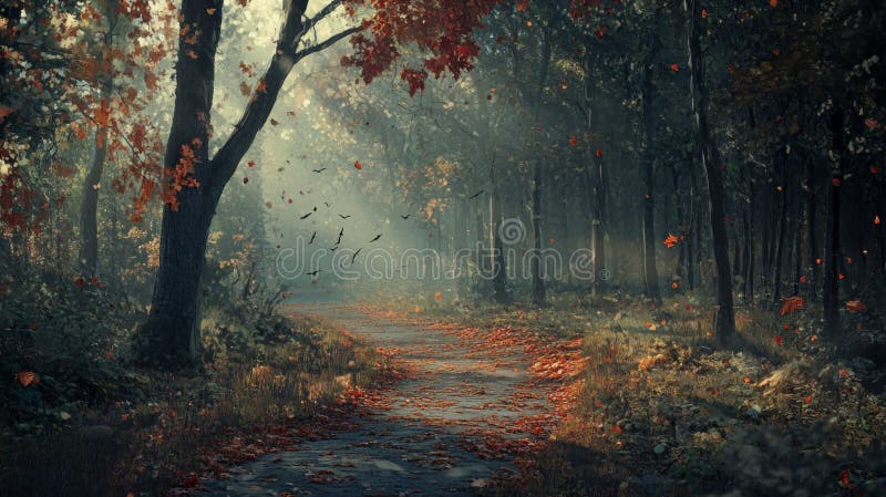 A Path through a Misty Autumn Forest with Bats Flying Overhead Stock ...