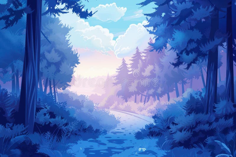A Path through a Misty Blue Forest with a Stream Stock Illustration ...