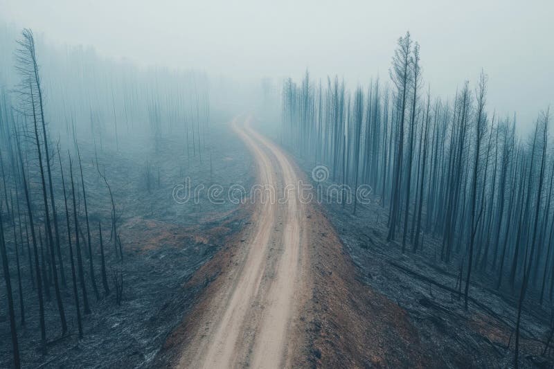 Path through Misty Burned Forest Landscape after Wildfire Stock ...