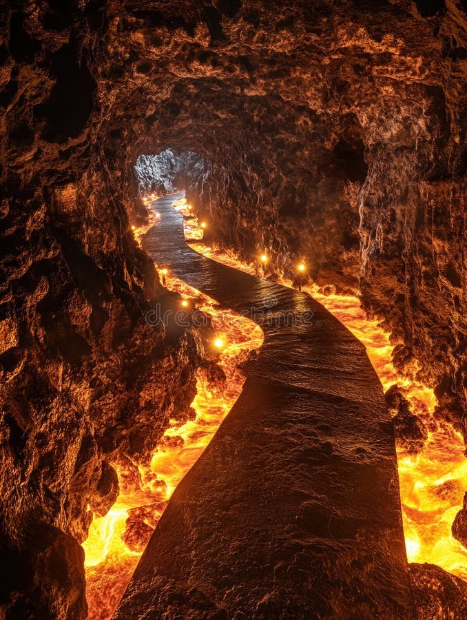 Volcanic Tunnel with Lava Path. Stock Image - Image of path ...