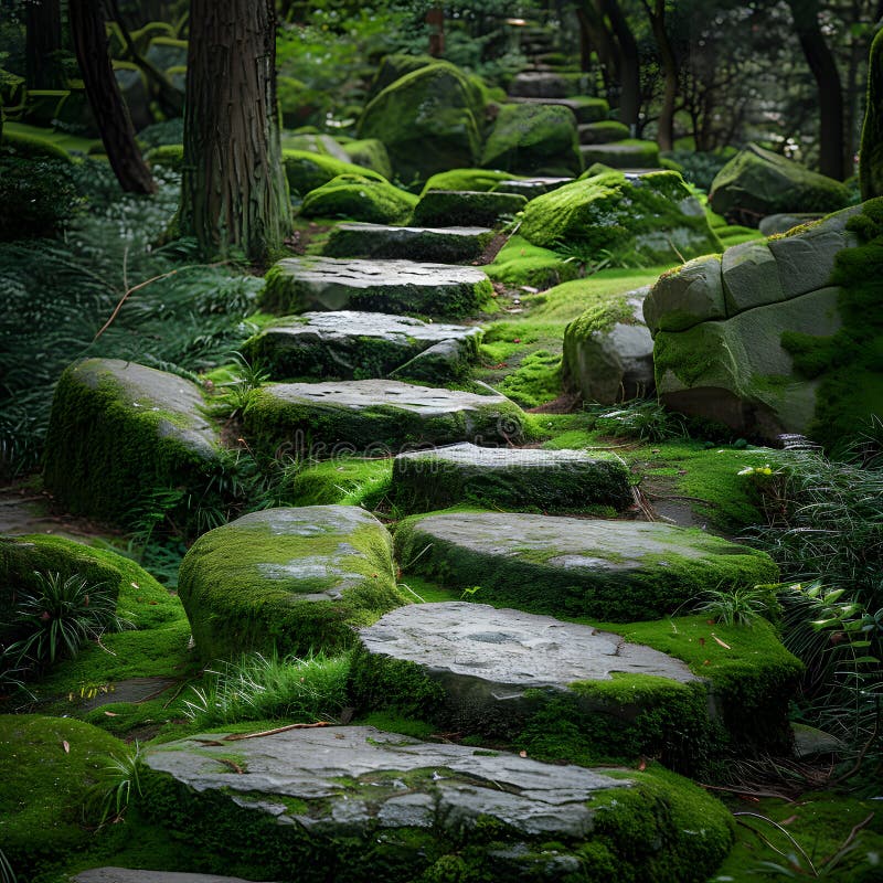 A Path of Moss Covered Rocks Meanders through a Lush Forest Stock Image ...