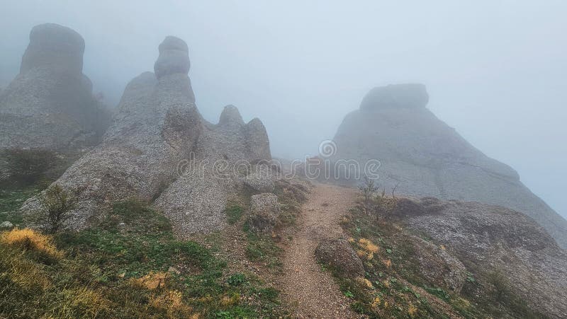Path through the Mountains in the Fog Stock Image - Image of trekking ...