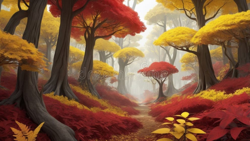 A Path through a Mystical Forest with Vibrant Fall Foliage Stock ...