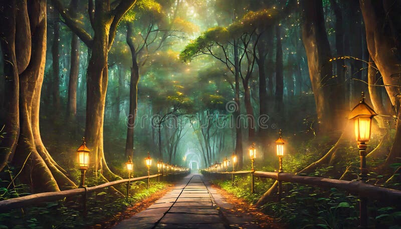 Path through Night Forest with Lanterns Stock Illustration ...