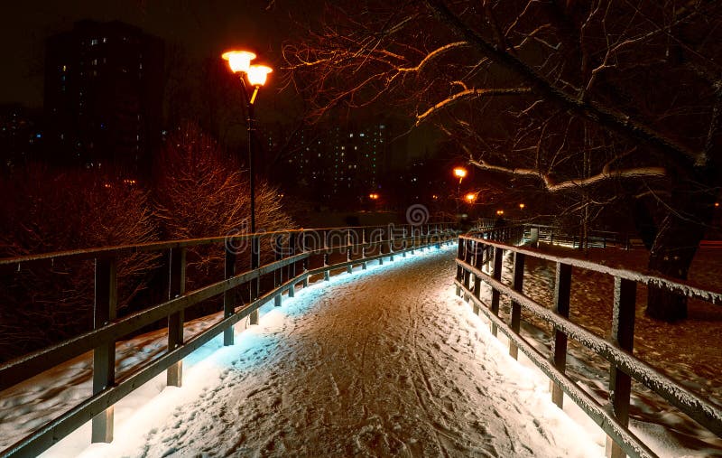 Path in the Night Park with Beautiful Lighting in Winter Stock Photo ...